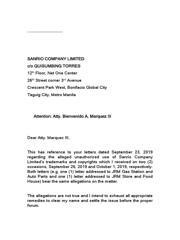 JRM Reply Letter To The Demand Letter of Sanrio Company Limited | PDF