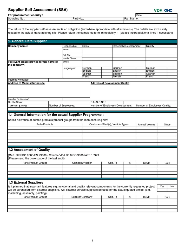 VDA Volume 6.3 Chapter 10.1 Supplier Self Assessment | PDF | Joint ...