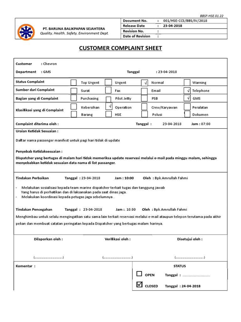 FORM Customer Complaint Sheet | PDF