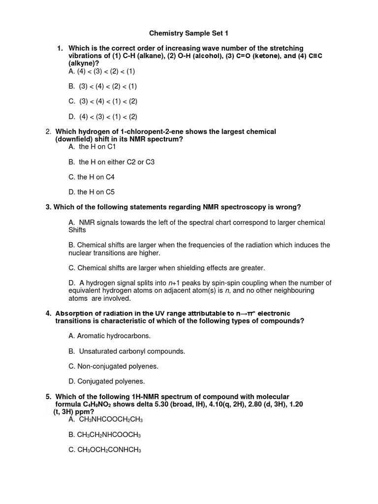 Chemistry Sample Set 1 Questions | PDF | Nuclear Magnetic Resonance ...