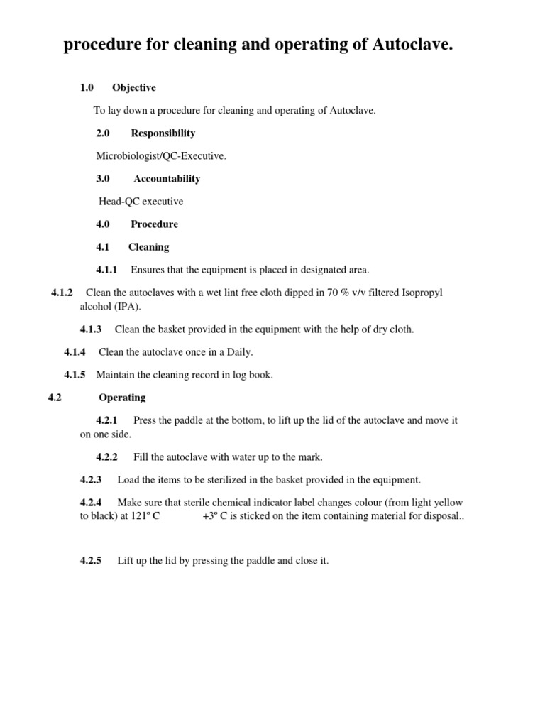Sop For Cleaning and Calibration of Autoclave | PDF | Sterilization ...