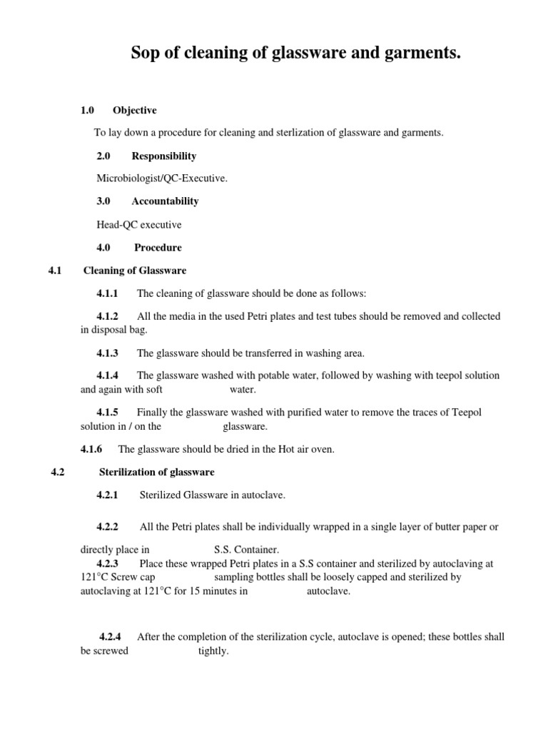Sop of Cleaning of Glassware and Garments | PDF | Home & Garden ...