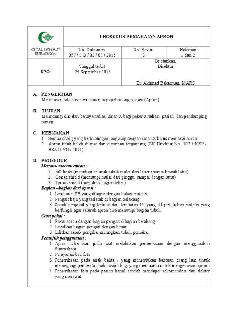Spo Prosedur Pemakaian Dan Perawatan Apron | PDF