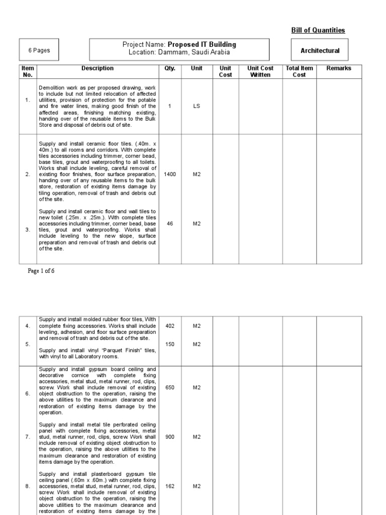 Bill - of - Quantity - Proposed - IT - Building | PDF | Tile | Door