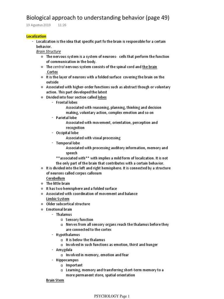 Psychology IB Biology Approach To Behavior | PDF | Neurotransmitter ...