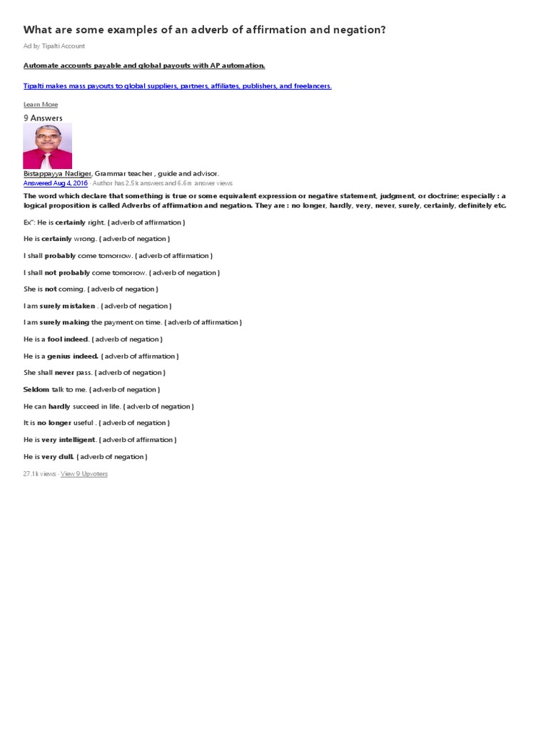 Adverbs of Affirmation and Negation Explained | PDF | Morphology ...