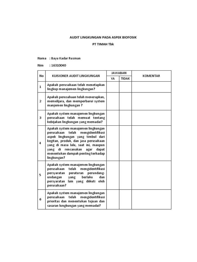 Kuisioner Audit Lingkungan Pada Aspek Biofosik Dan Abiotik, Serta ...