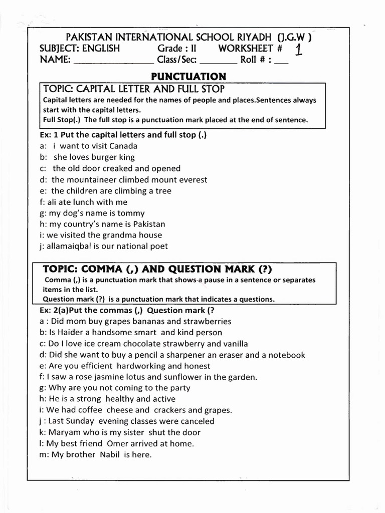 English Class 2 Work Sheet 1 2 3 4 PDF | PDF | Punctuation | Foods