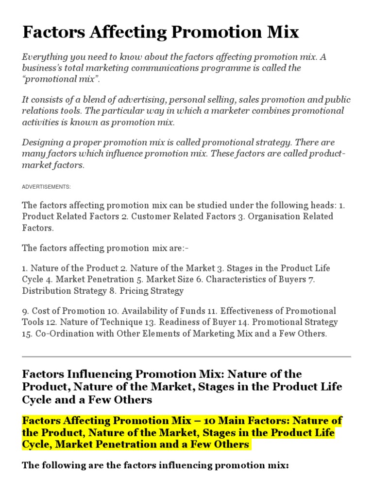 Factors Affecting Promotion Mix | PDF | Sales | Marketing