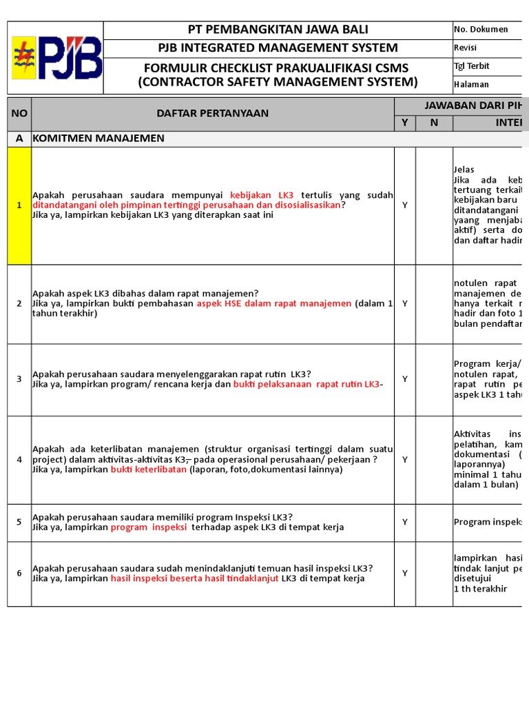 Checklist Pra Kualifikasi CSMS | PDF