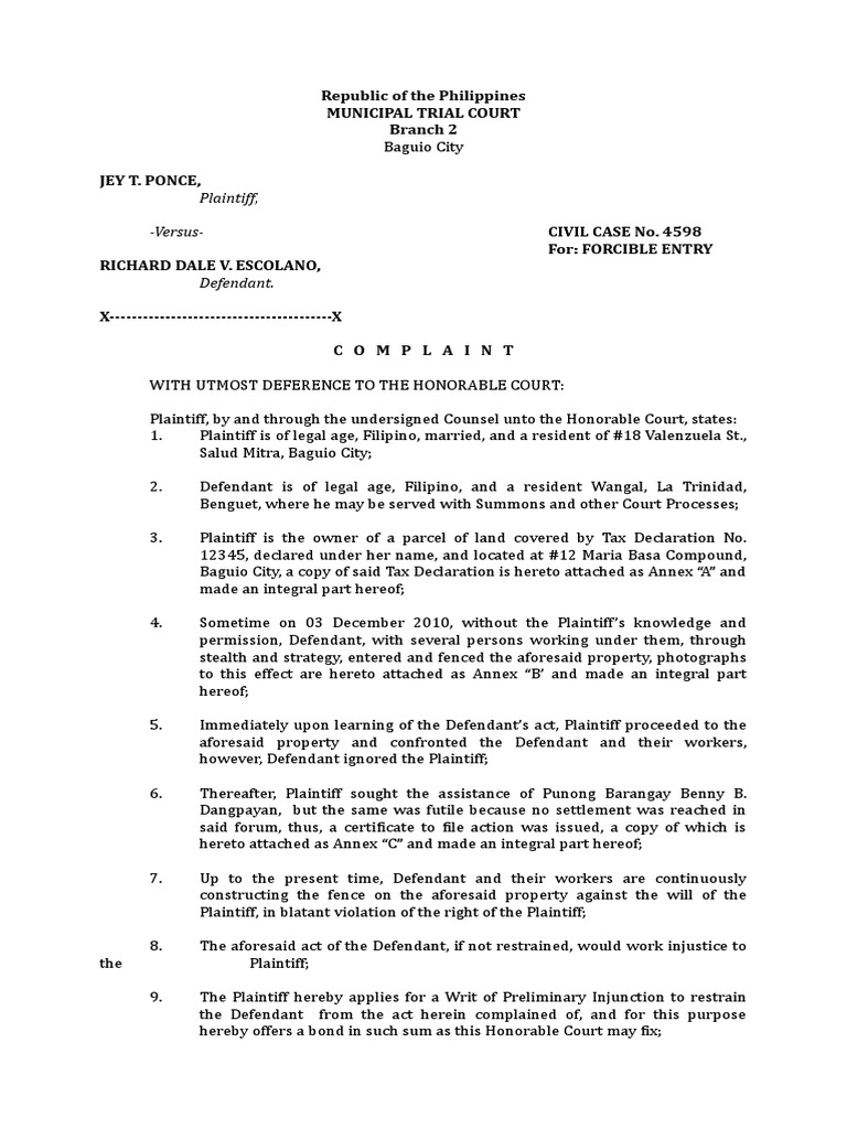 Complaint (Forcible Entry) | PDF | Lawsuit | Damages