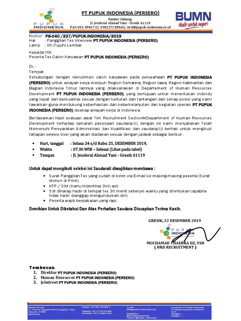 Undangan Tes Interview Calon Karyawan PT PUPUK INDONESIA (Persero) PDF ...
