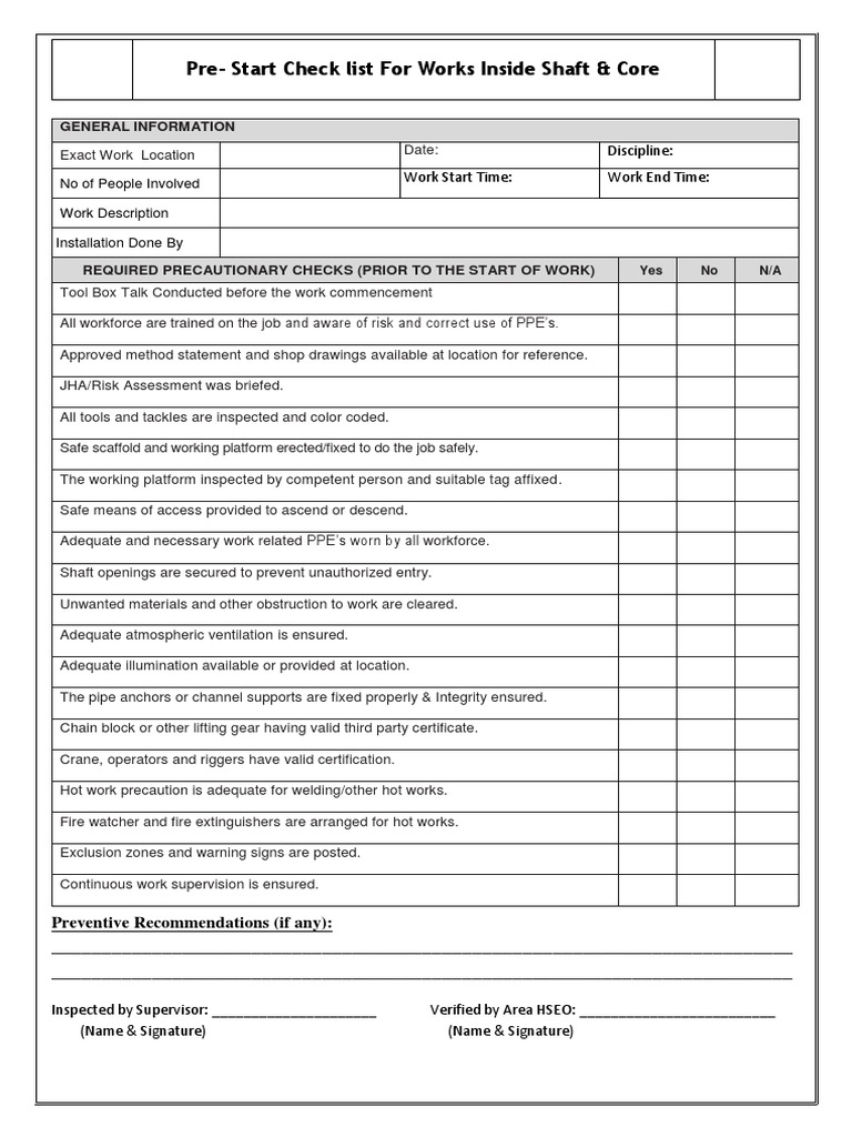 Pre Start Check List for Works Inside Shaft & Cores