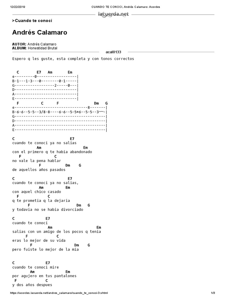 CUANDO TE CONOCI, Andrés Calamaro - Acordes | PDF | Música grabada ...