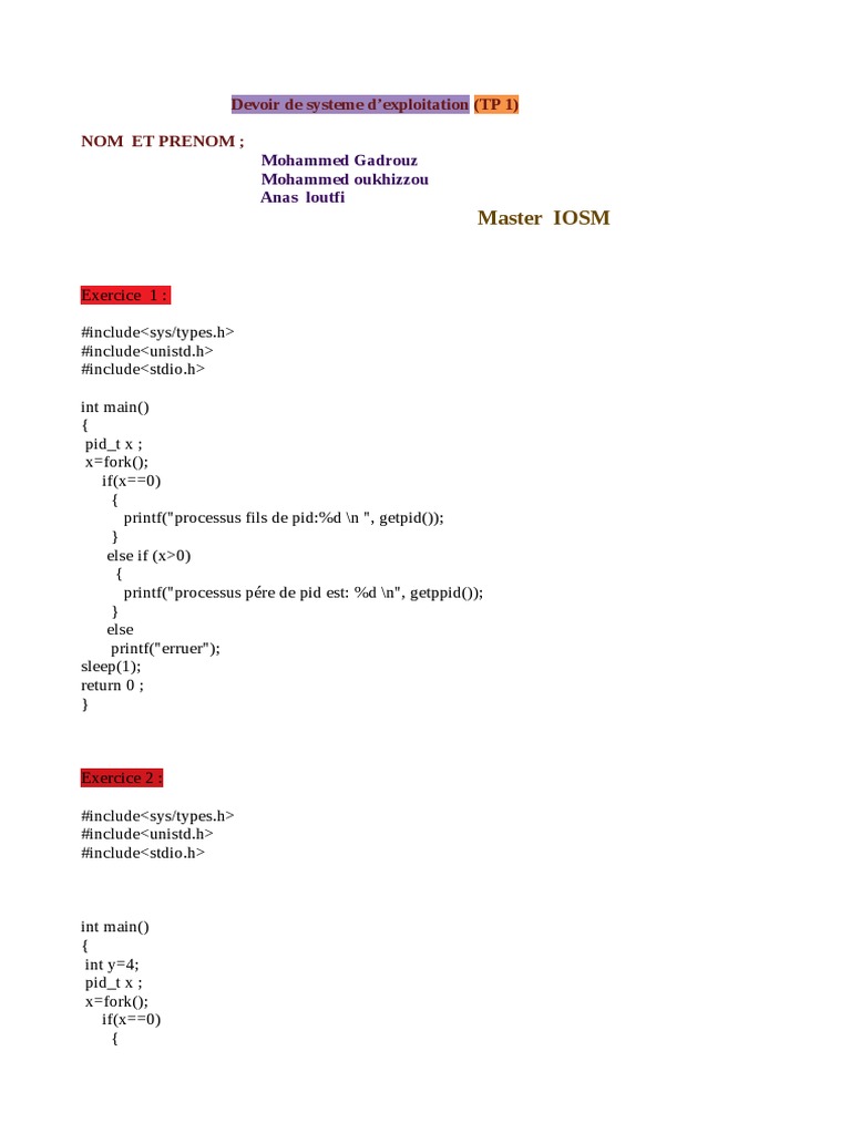 Devoir sur les processus en C | PDF