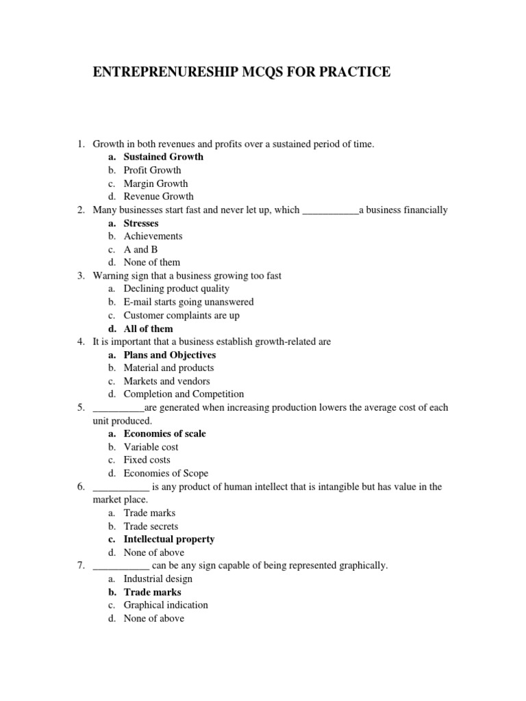 Entreprenureship MCQS For Practice | PDF | Strategic Management ...