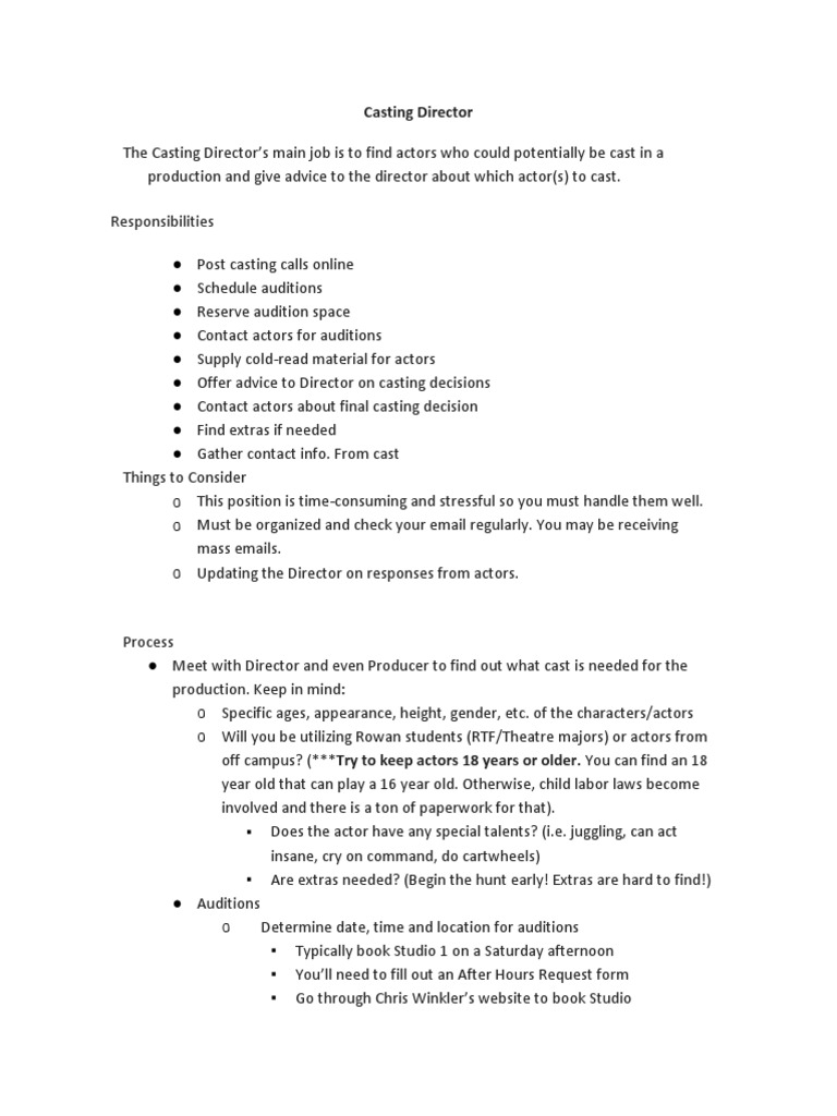 Casting Director Responsibilities Guide | PDF | Audition | Actor