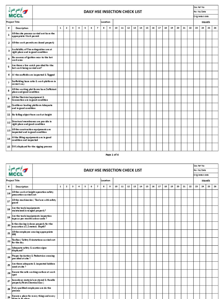 Daily HSE Inspection Checklist | PDF | Prevention | Safety