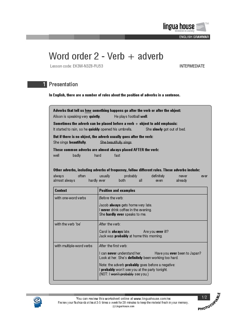 Word Order | PDF | Adverb | English Grammar