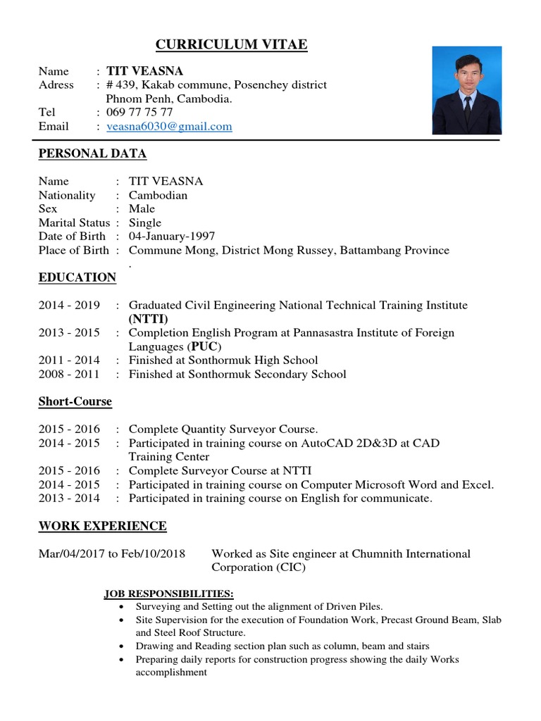 CV | PDF | Cambodia | Engineering