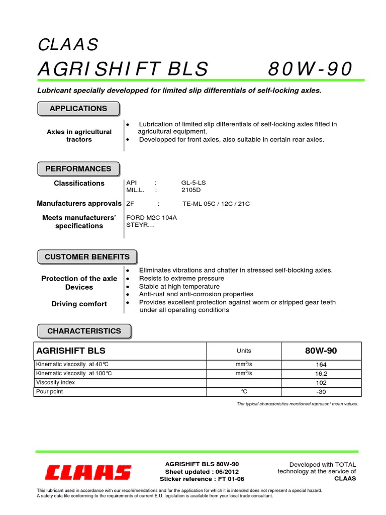 Agrishift BLS 80W-90 Lubricant Guide | PDF | Axle | Lubricant
