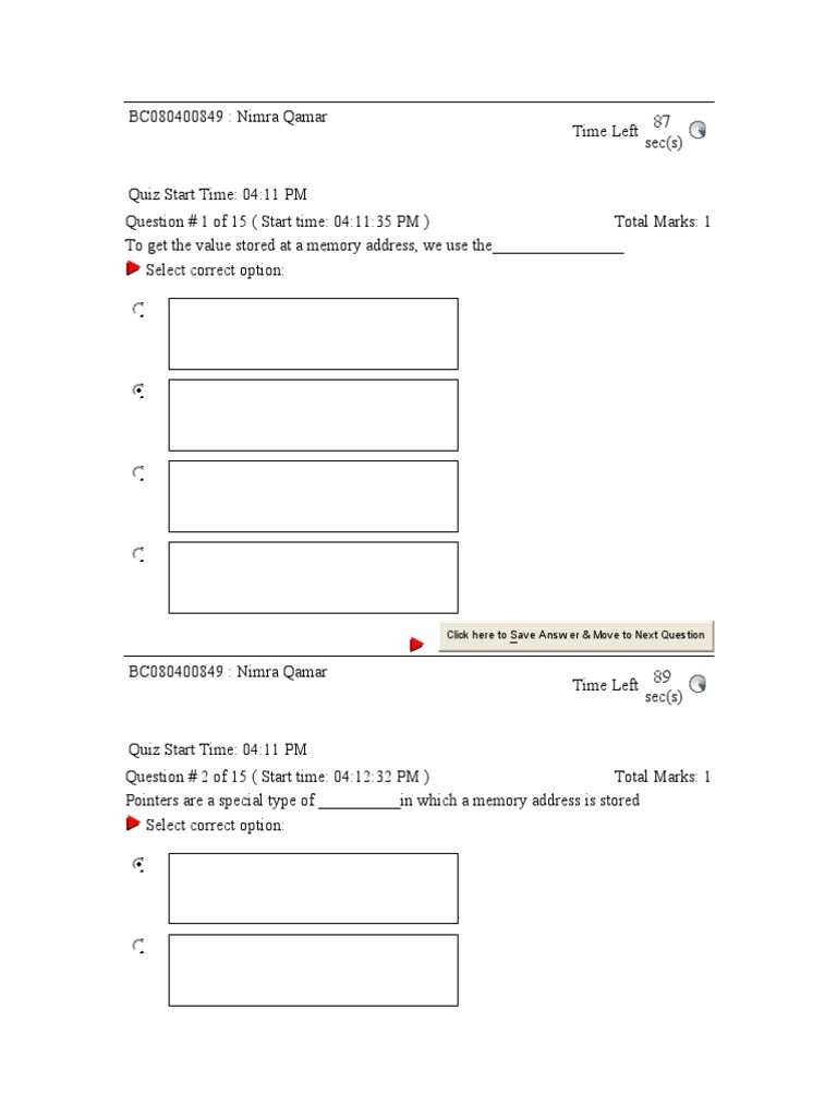 Cs201 2 Quiz NimRa | PDF | Pointer (Computer Programming) | C (Programming Language)
