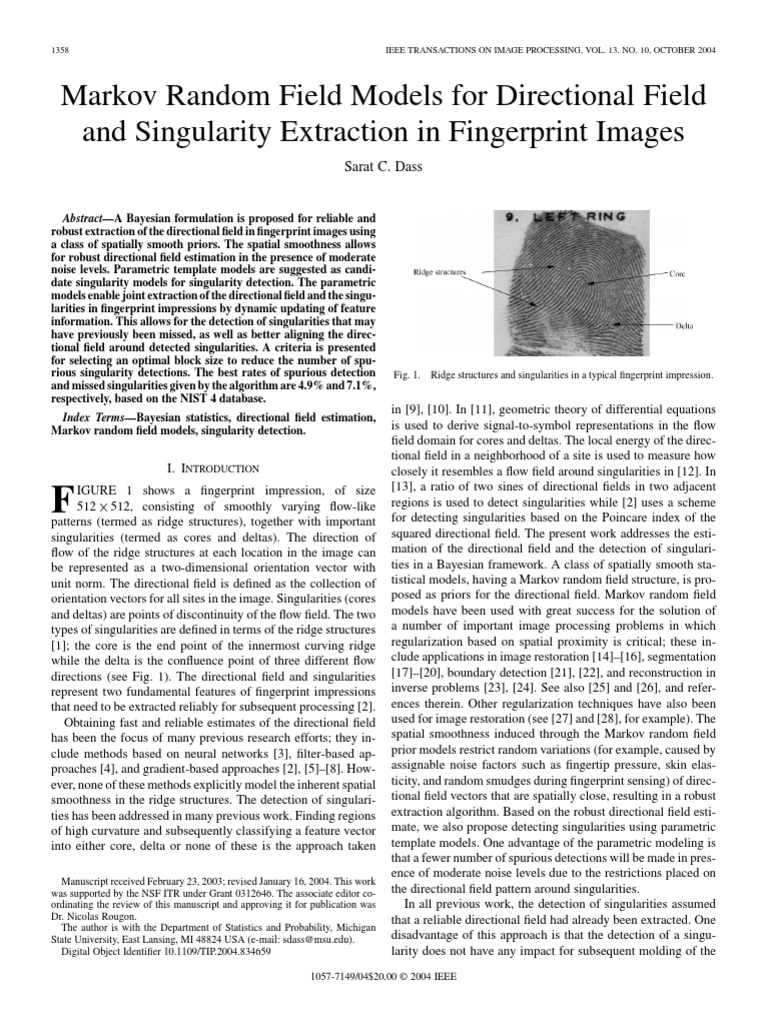 Markov Random Field Models For Directional Field And Singularity Extraction In Fingerprint