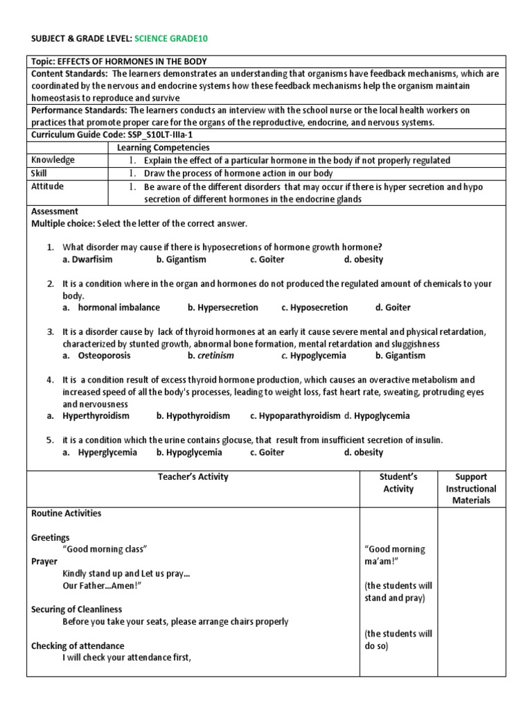LESSON PLAN Effects of Hormones | PDF | Hormone | Endocrine System