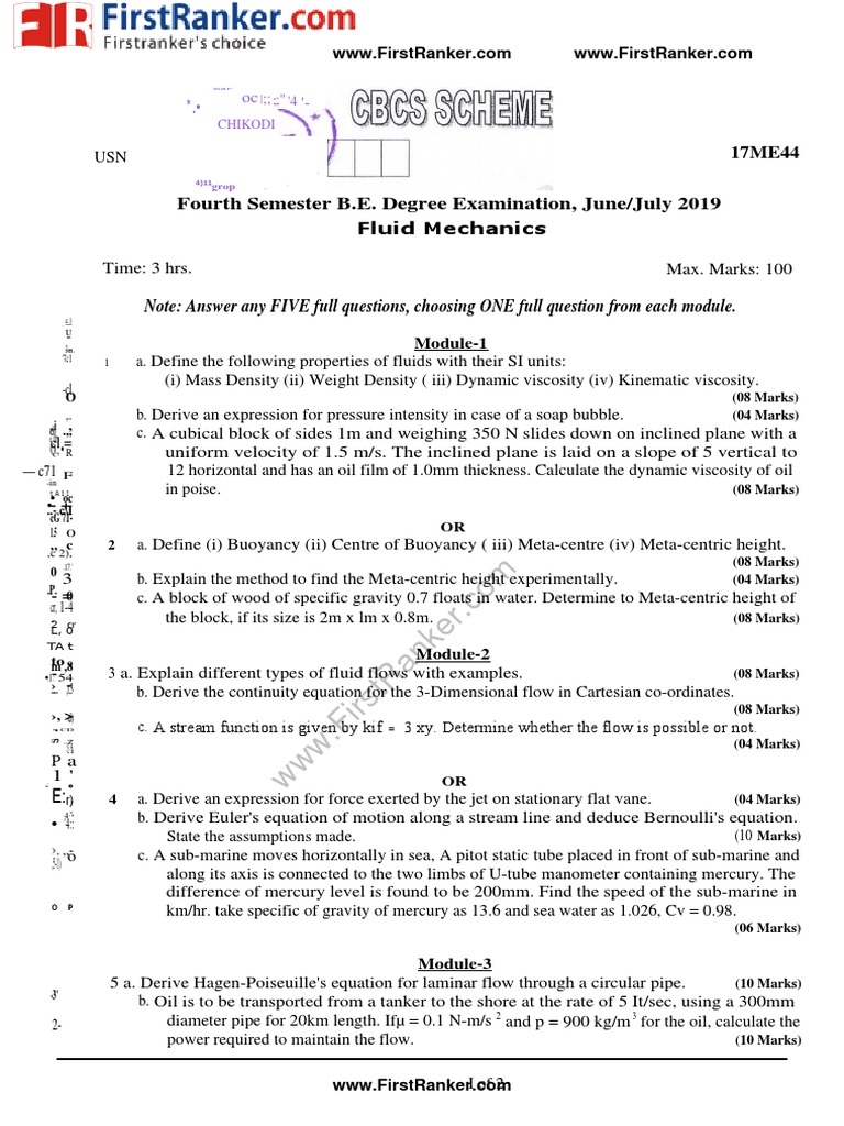 VTU - B.E B.Tech - 2019 - 4th Semester - July - CBCS 17 Scheme - MECH - 17ME44 Fluid PDF ...