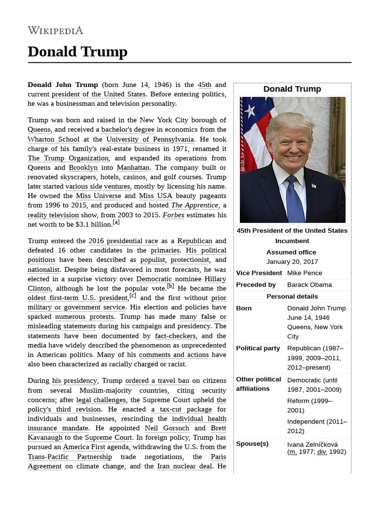 Donald Trump Wikipedia Entry Uploaded 12/22/19 | PDF | Donald Trump ...