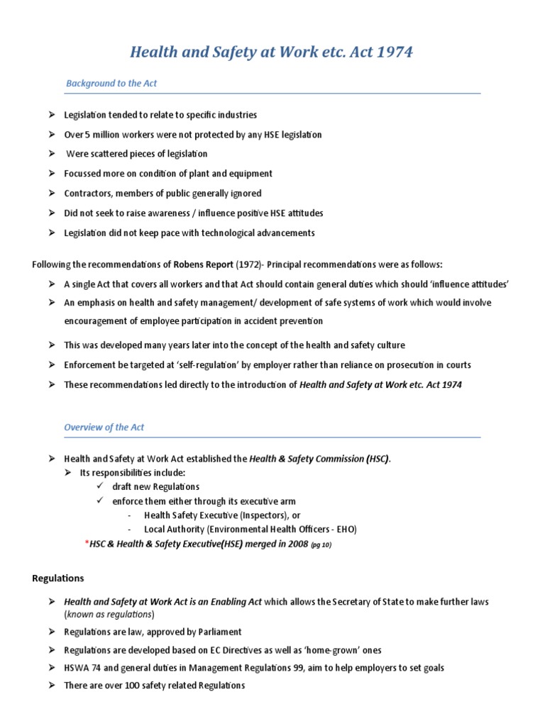 Health and Safety at Work Act 1974 Overview | PDF | Occupational Safety ...