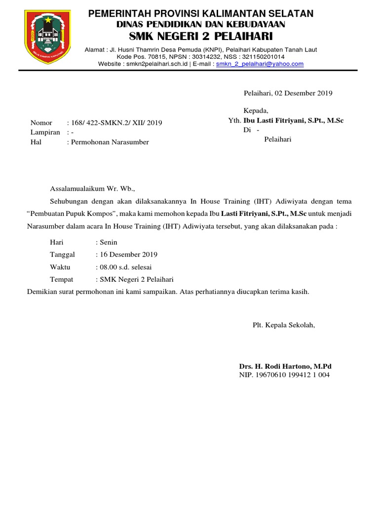 Undangan Narasumber IHT Adiwiyata 2019 | PDF