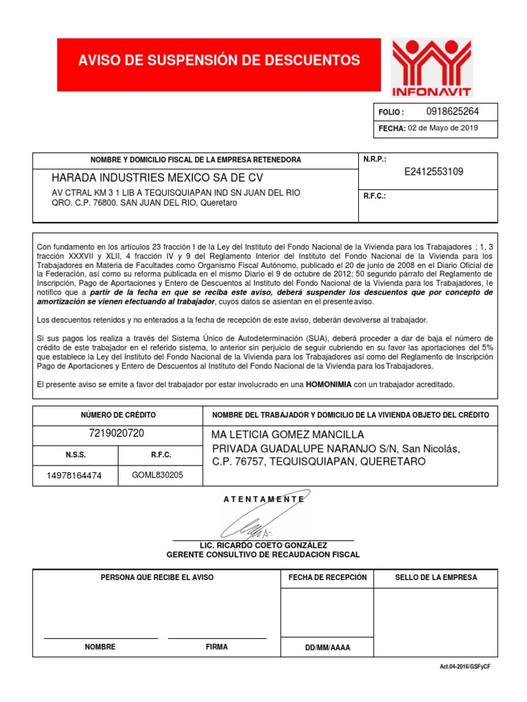 Aviso de Suspension Credito Infonavit | PDF | Gobierno