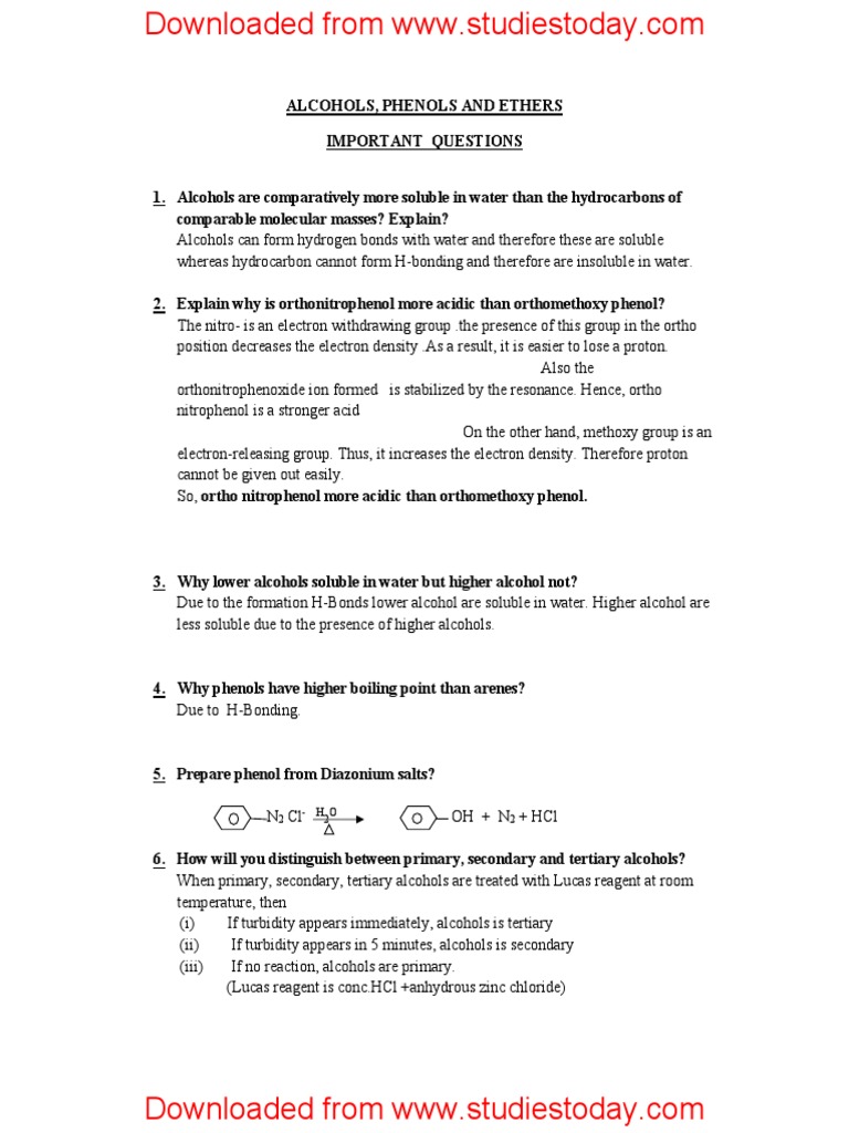 CBSE Class 12 Chemistry-Alcohol, Phenol & Ether PDF | PDF | Ethanol | Ether