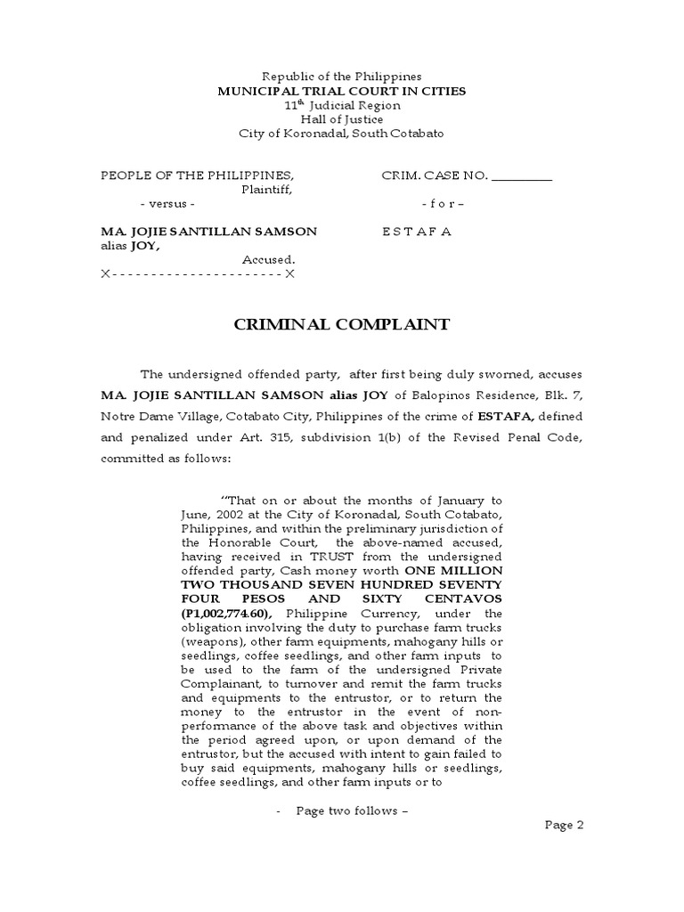 Criminal Complaint - Joy Samson | PDF | Crime & Violence | Crime Thriller