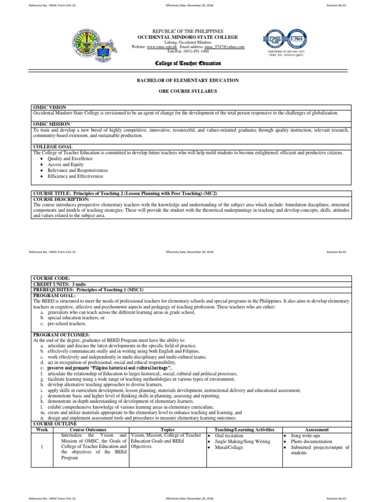 OMSC-Form-COL-13-OBE-Syllabus - Principles of Teaching 2 | PDF ...