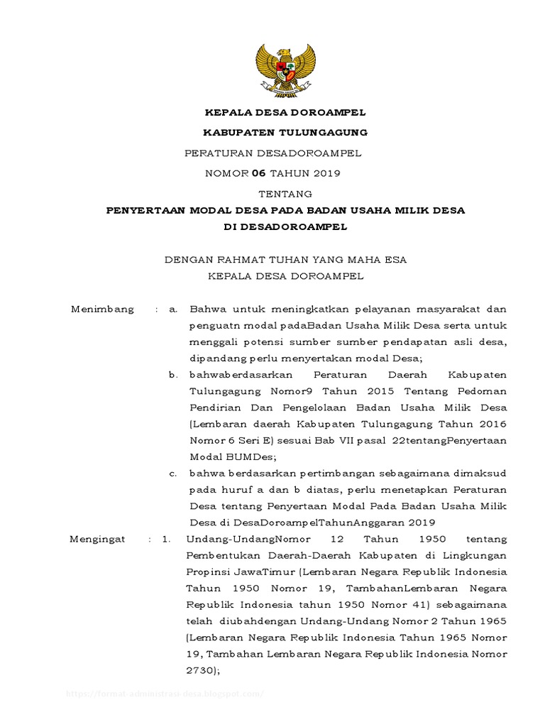 PERDES TENTANG PENYERTAAN MODAL BUM DESA-bumdesma 2019 | PDF