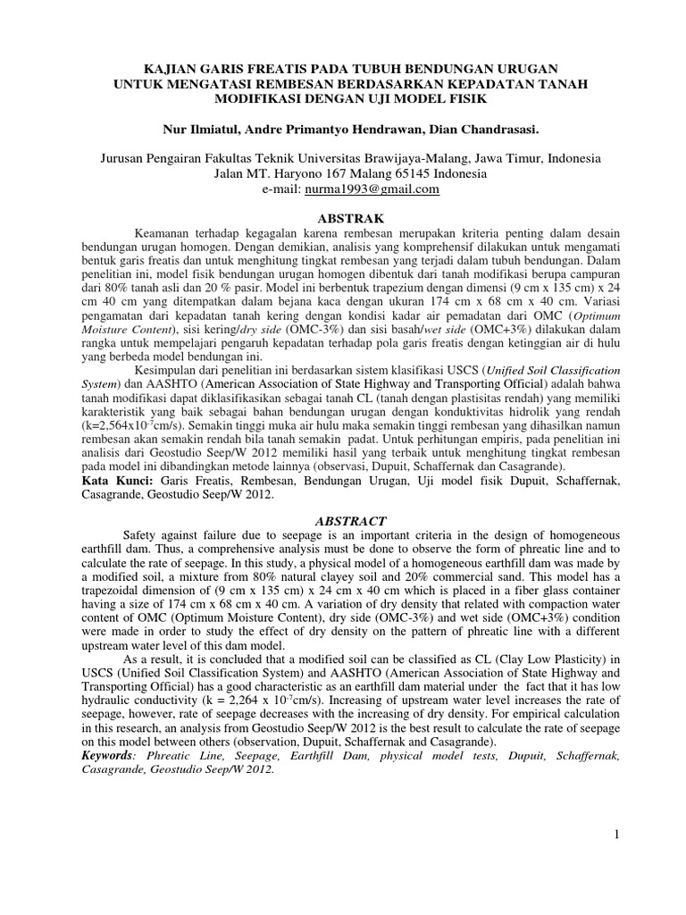 Kajian Garis Freatis Pada Tubuh Bendungan Urugan Untuk Mengatasi Rembesan Berdasarkan Kepadatan ...