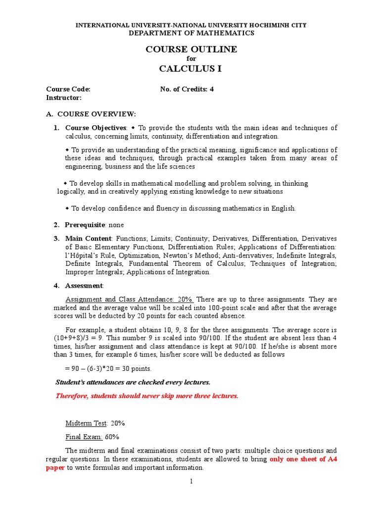 CALCULUS I Syllabus | PDF | Integral | Derivative