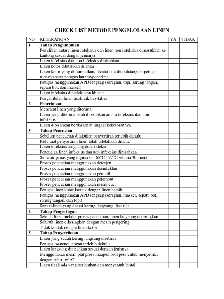 Check List Metode Pengelolaan Linen | PDF
