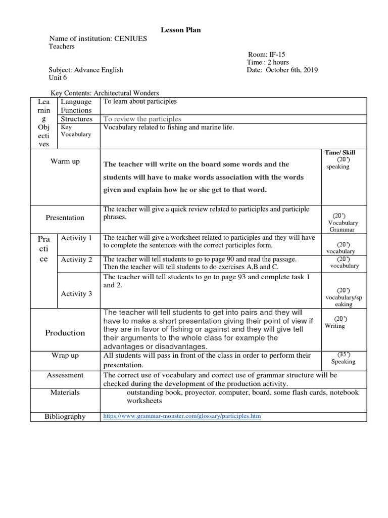 Participles Lesson Plan | PDF | Lesson Plan | Vocabulary