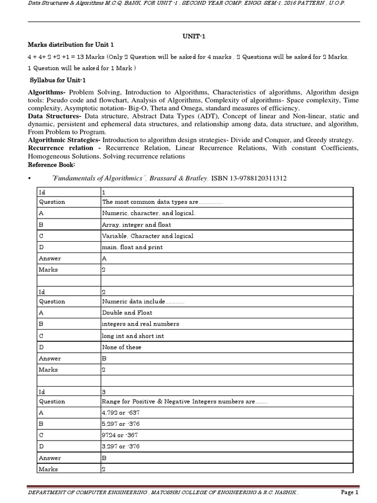 Dsa Mcq Unit 1 Pdf Pdf C Programming Language Data Type