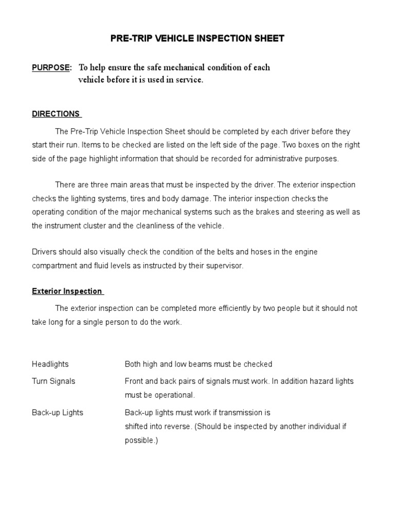 Pre-Trip Vehicle Checklist | PDF | Vehicles | Tire