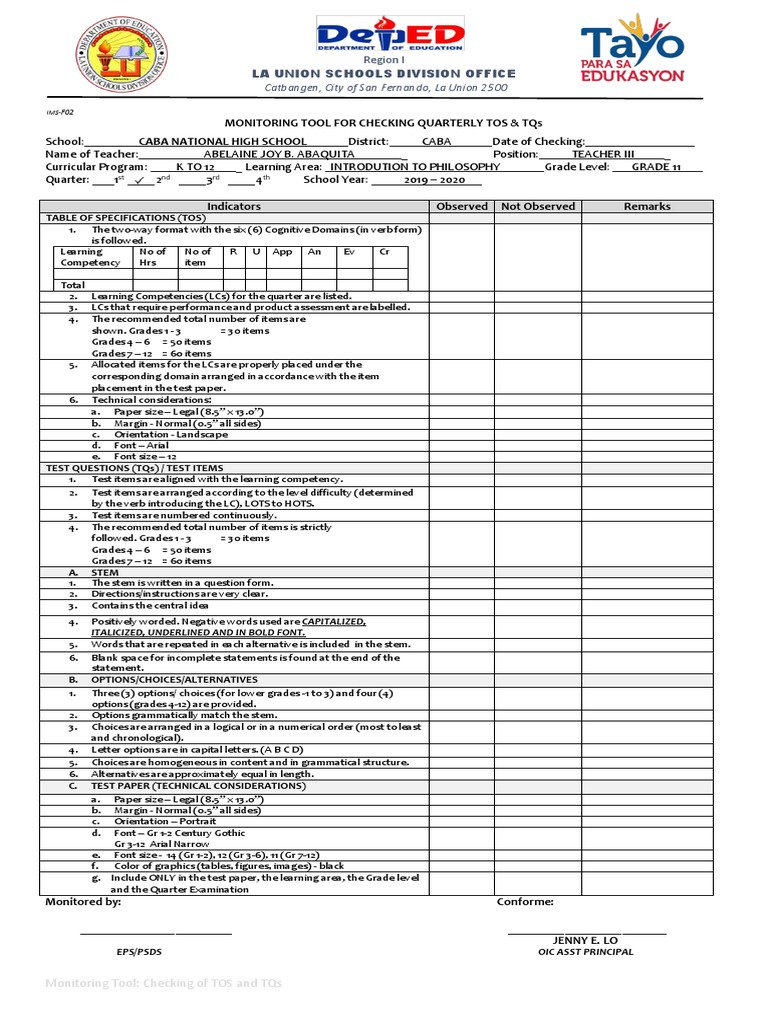Monitoring Tool for TOS & TQs | PDF | Communication | Behavior Modification