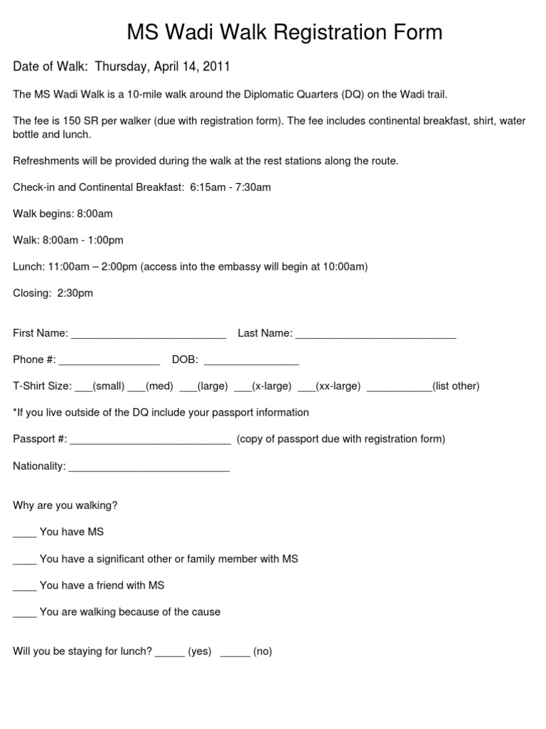 Walker Registration Form | PDF | Sports & Recreation