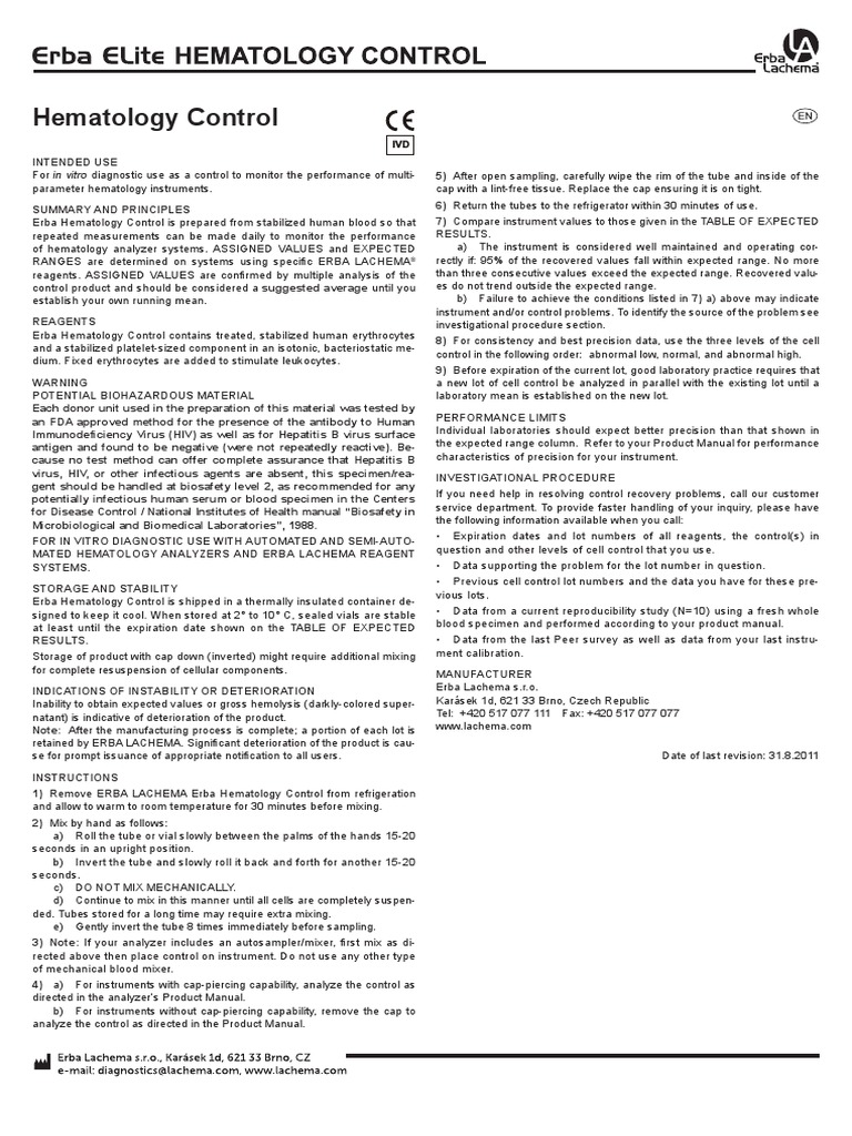 ERBA ELite 3 Controls | PDF | Hepatitis B | Infection