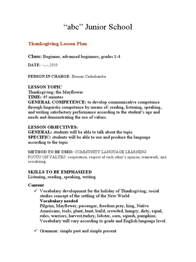 Thanksgiving Lesson Plan for Grades 1-4 | PDF | Vocabulary | Thanksgiving