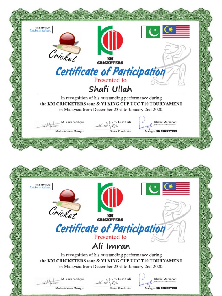 Cricket Participation Certificate