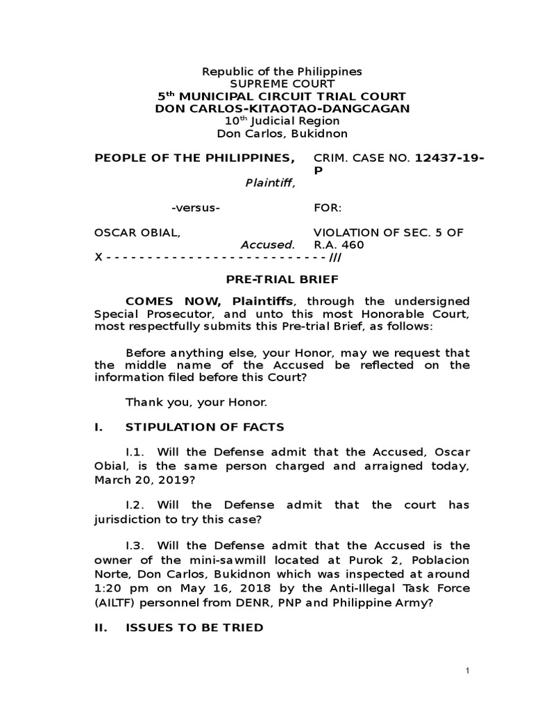 Sample - Pre Trial Brief | PDF | Prosecutor | Government Institutions