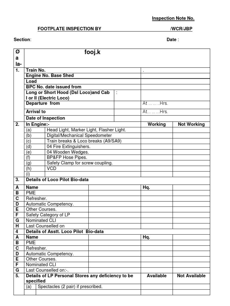Footplate Inspection Formate-I NEW-22.04.2019 | PDF | Land Transport ...